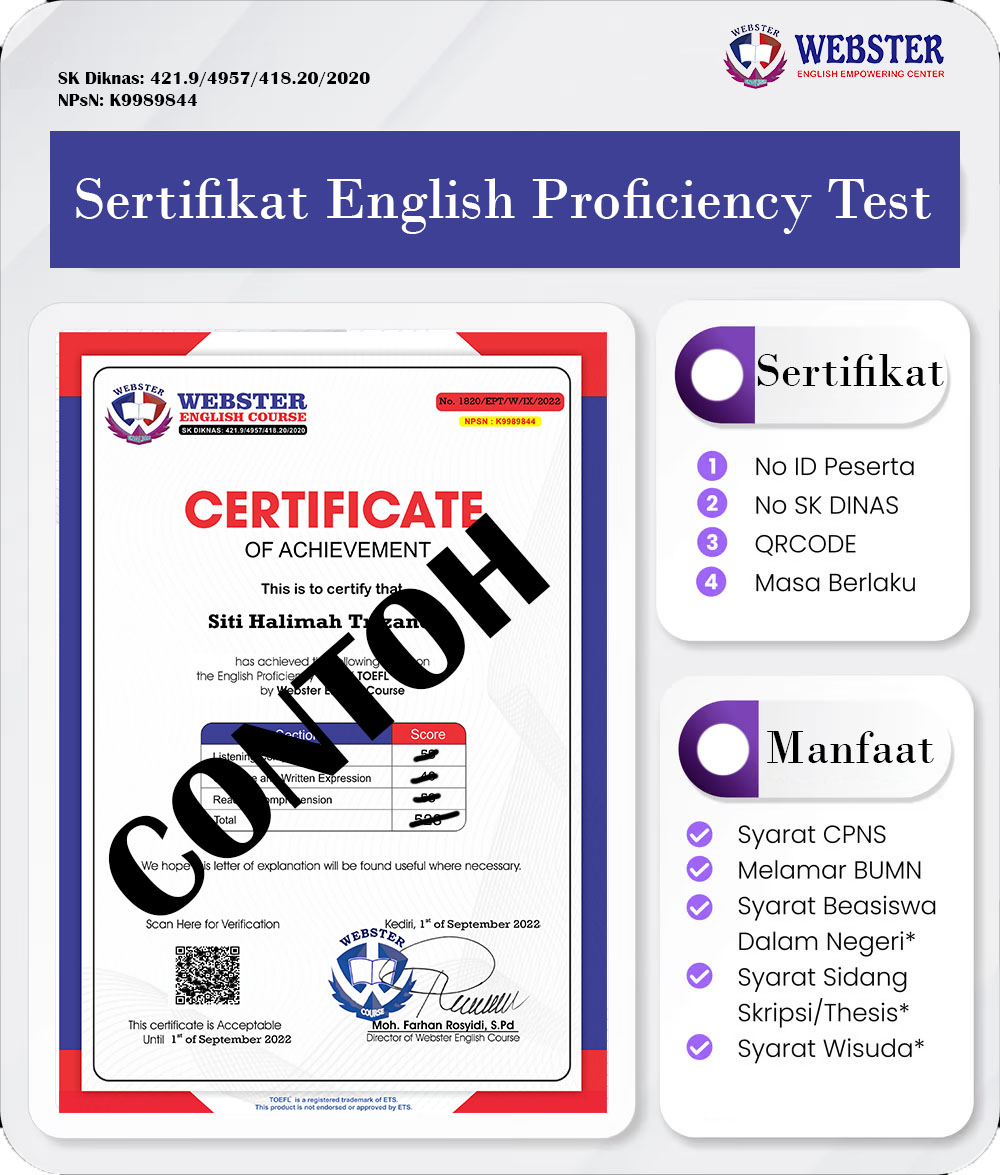 Sertifikat TOEFL Webster (Resmi SK Diknas & NPSN)